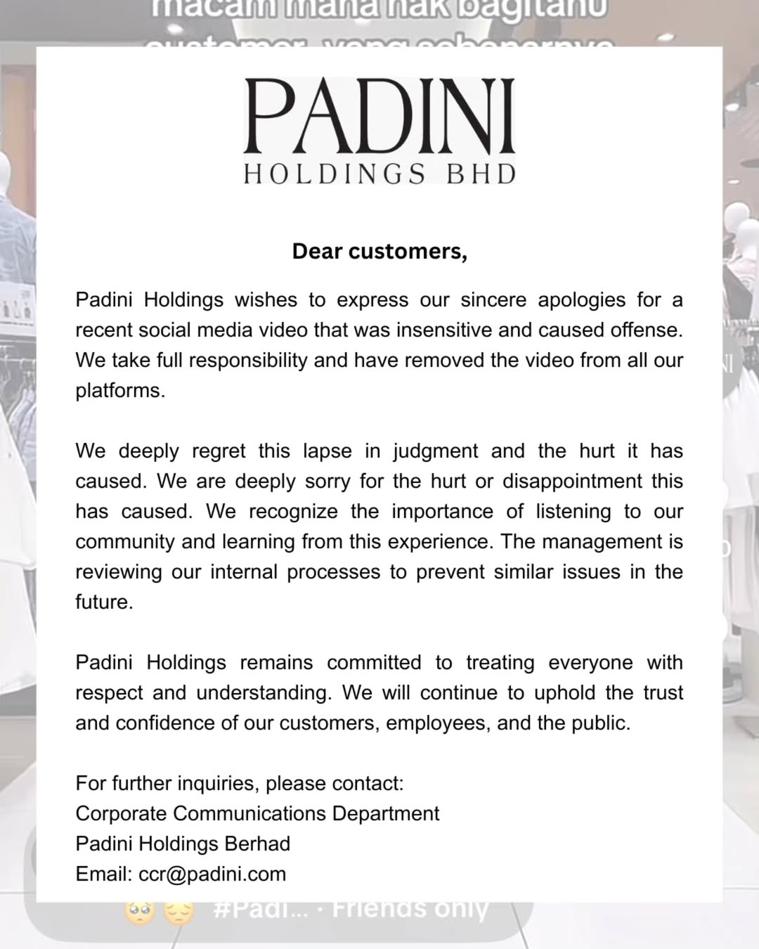 陷身材歧视风波！PADINI影片惹众怒⚡公司紧急删除+发文道歉！